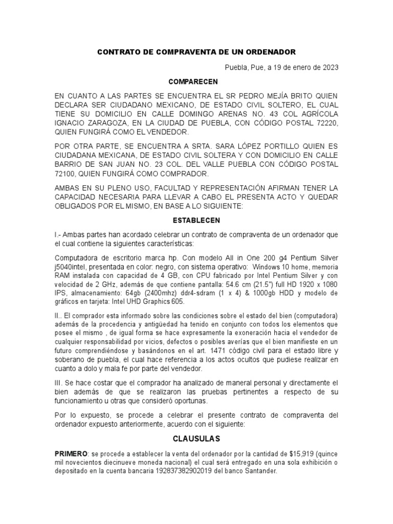 1 CONTRATO DE COMPRAVENTA DE UN ORDENADOR.docx | PDF
