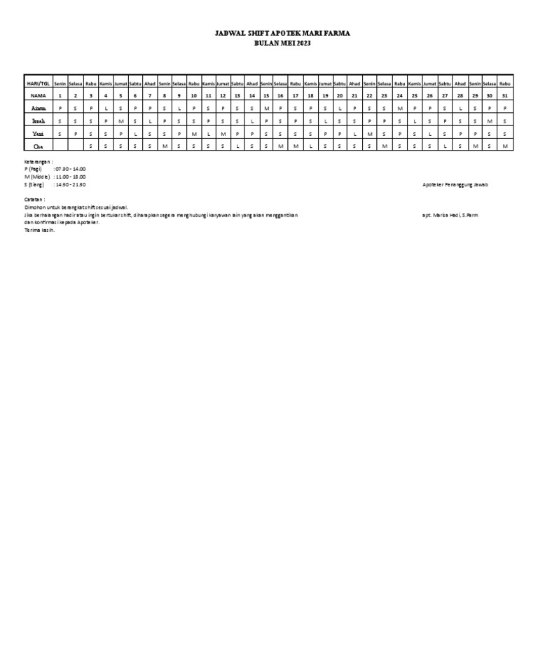 Jadwal Shift APOTEK Rapi | PDF