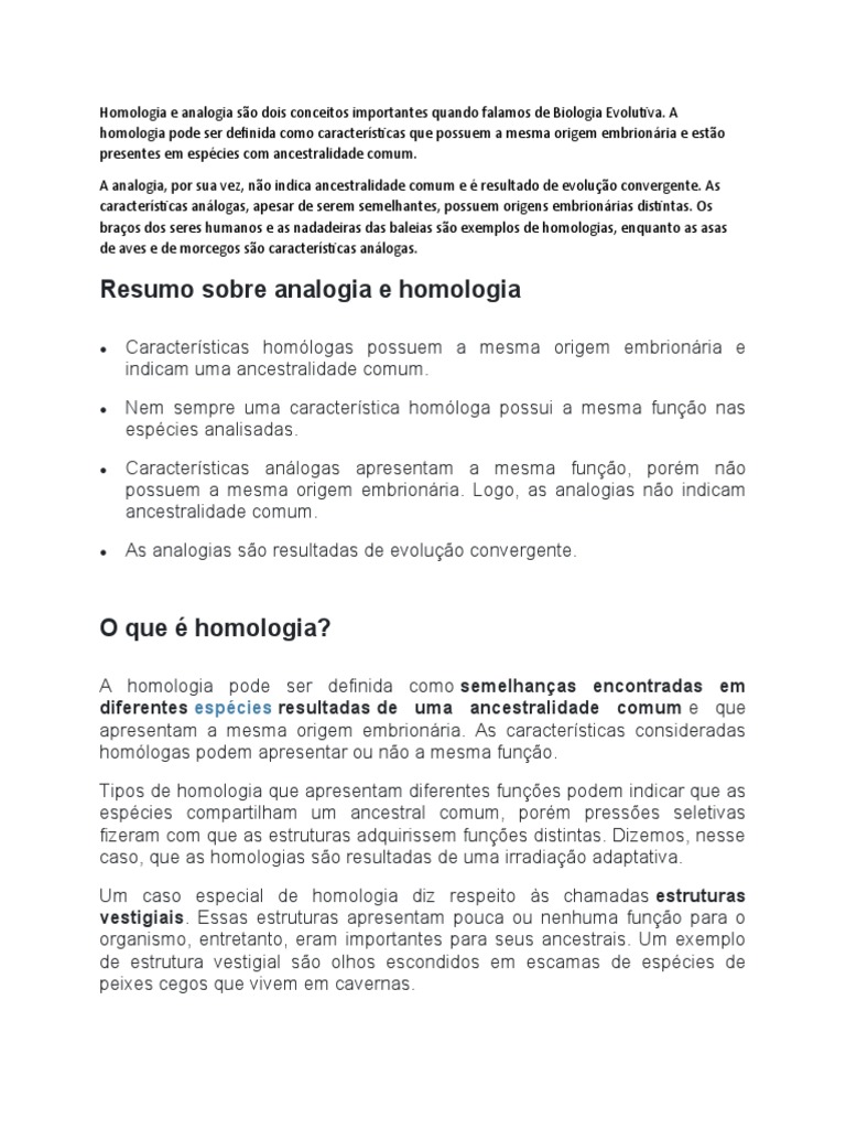 Homologias e Analogias | PDF | Evolução | Homologia (Biologia)