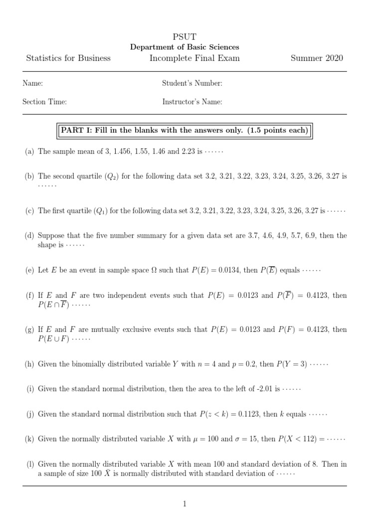 Stat For Business Spring2017 Final Exam PSUT | PDF | Standard Deviation | P Value
