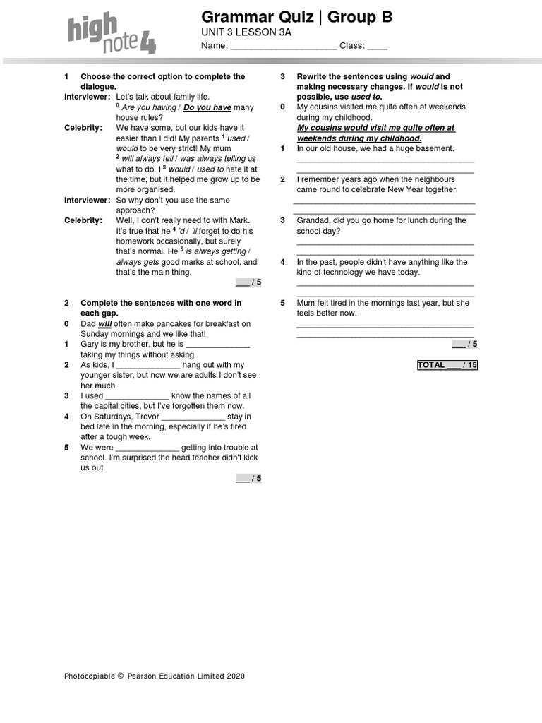 HighNote4 Grammar Quiz Unit03A GroupB PDF | PDF