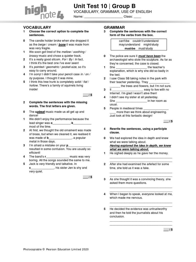 HighNote4 Unit Language Test Unit10 GroupB PDF | PDF