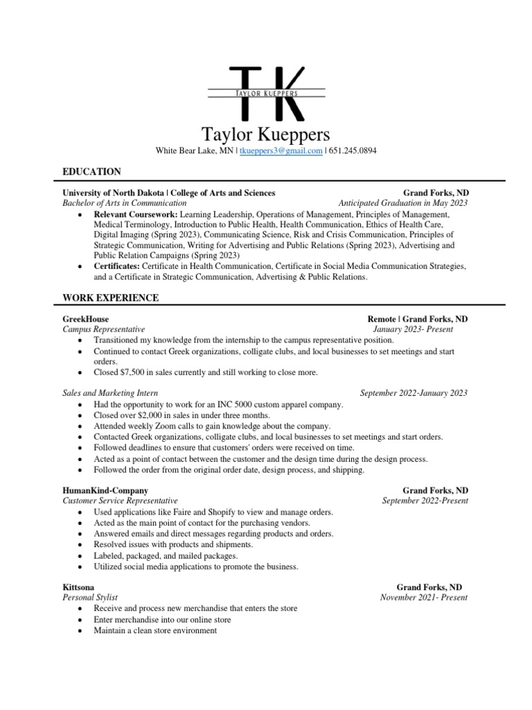 Taylor Kueppers Resume 2023 | PDF