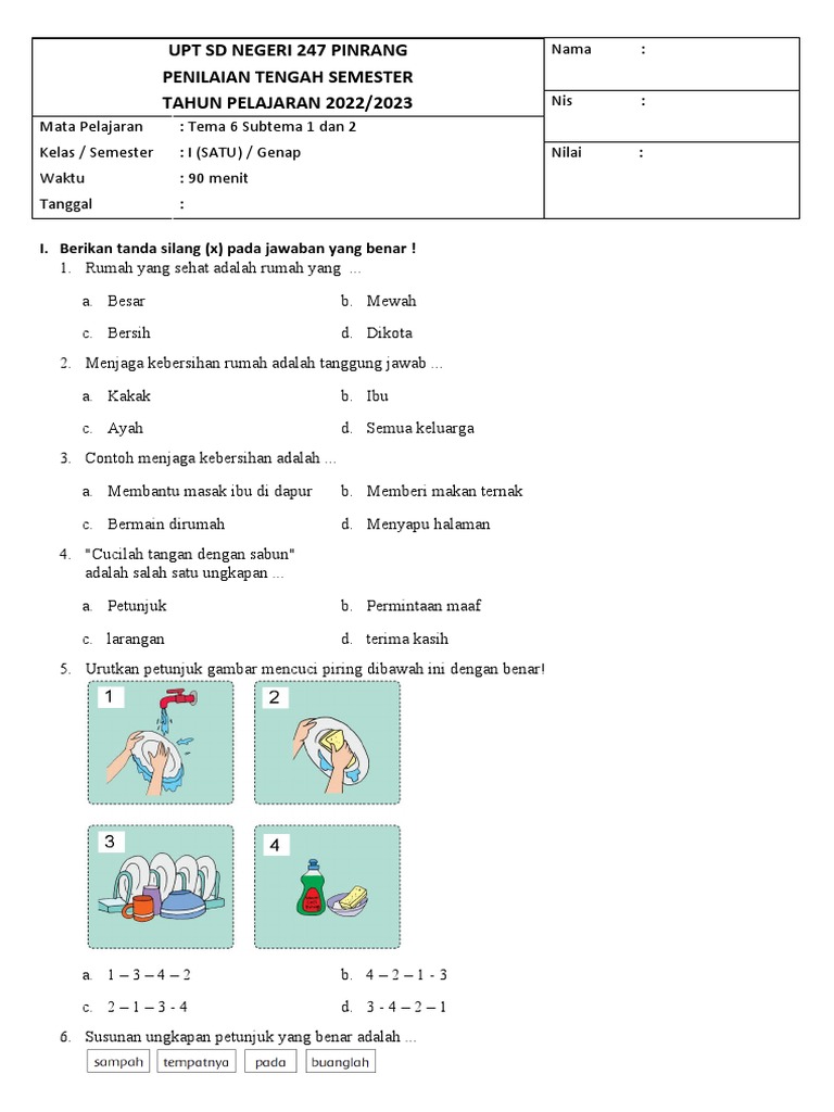 SOAL PTS KELAS 1 Tema 6 Subtema 1 Dan 2 | PDF