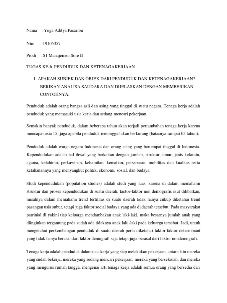 TUGAS 6, PENDUDUK DAN KETENAGAKERJAAN, Yoga Aditya Pasaribu PDF | PDF