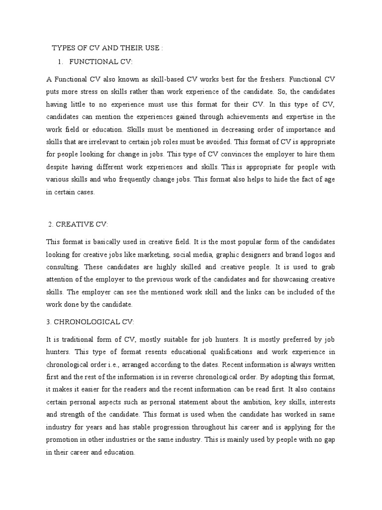 TYPES OF CV AND THEIR USE.docx | PDF | Experience | Postgraduate Education