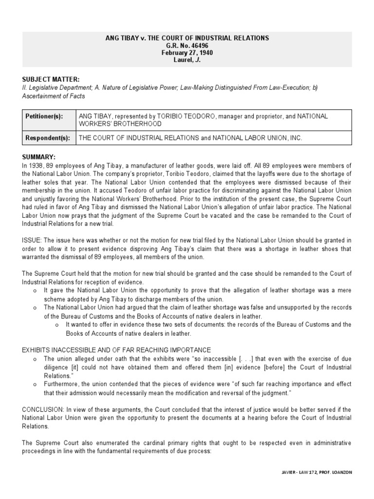 Labor Dispute: Ang Tibay vs. CIR | PDF | Politics | Social Science
