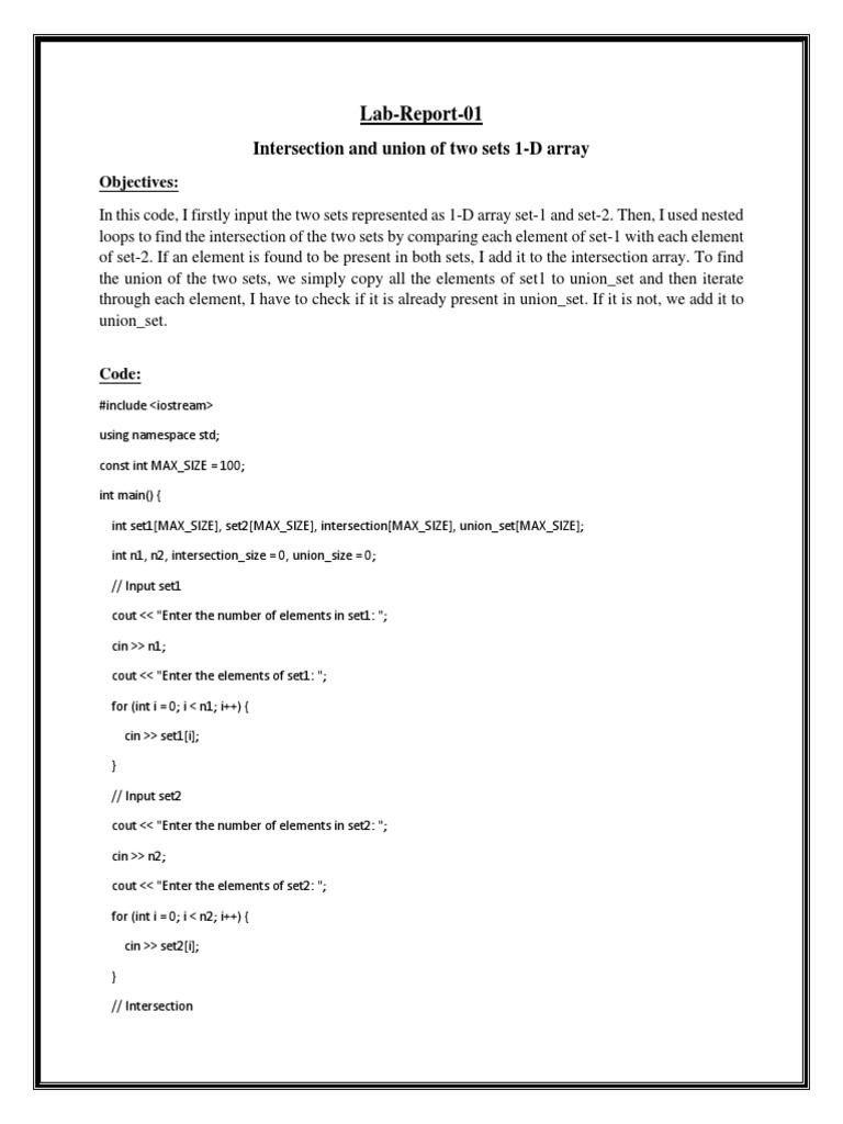 1.Intersection and union of two sets using 1-D array..pdf | PDF