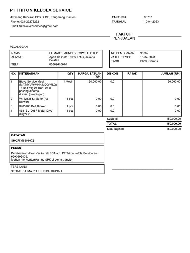Faktur Penjualan Laundry #95767 | PDF