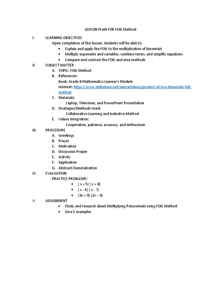FOIL Method Lesson Plan for Grade 8 | PDF