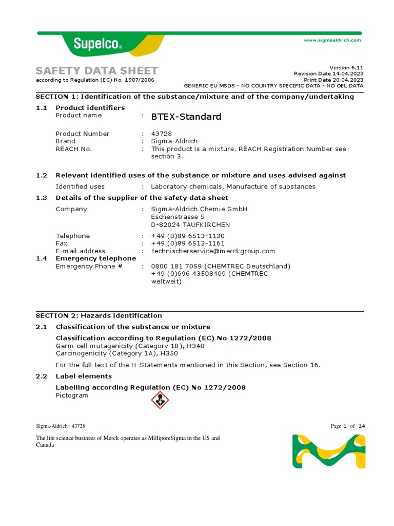 BTEX-Standard Safety Data Sheet PDF | PDF | Dangerous Goods | Toxicity
