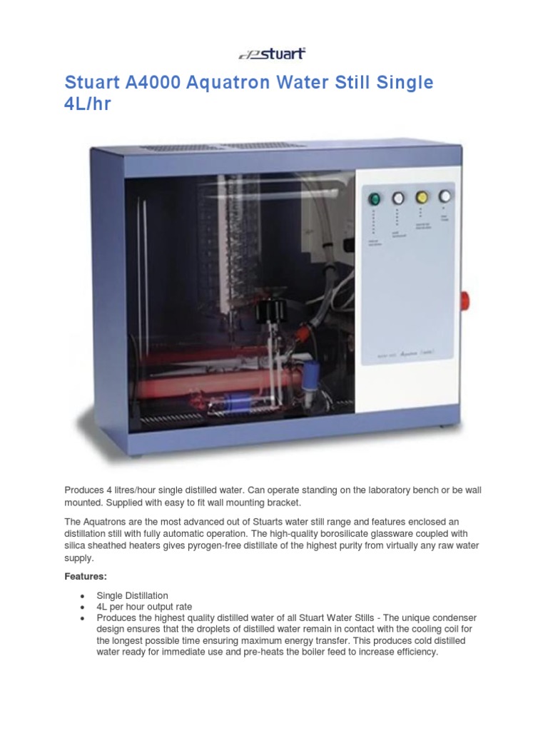 Stuart A4000 Aquatron Water Still Single 4L PDF | PDF | Distillation ...