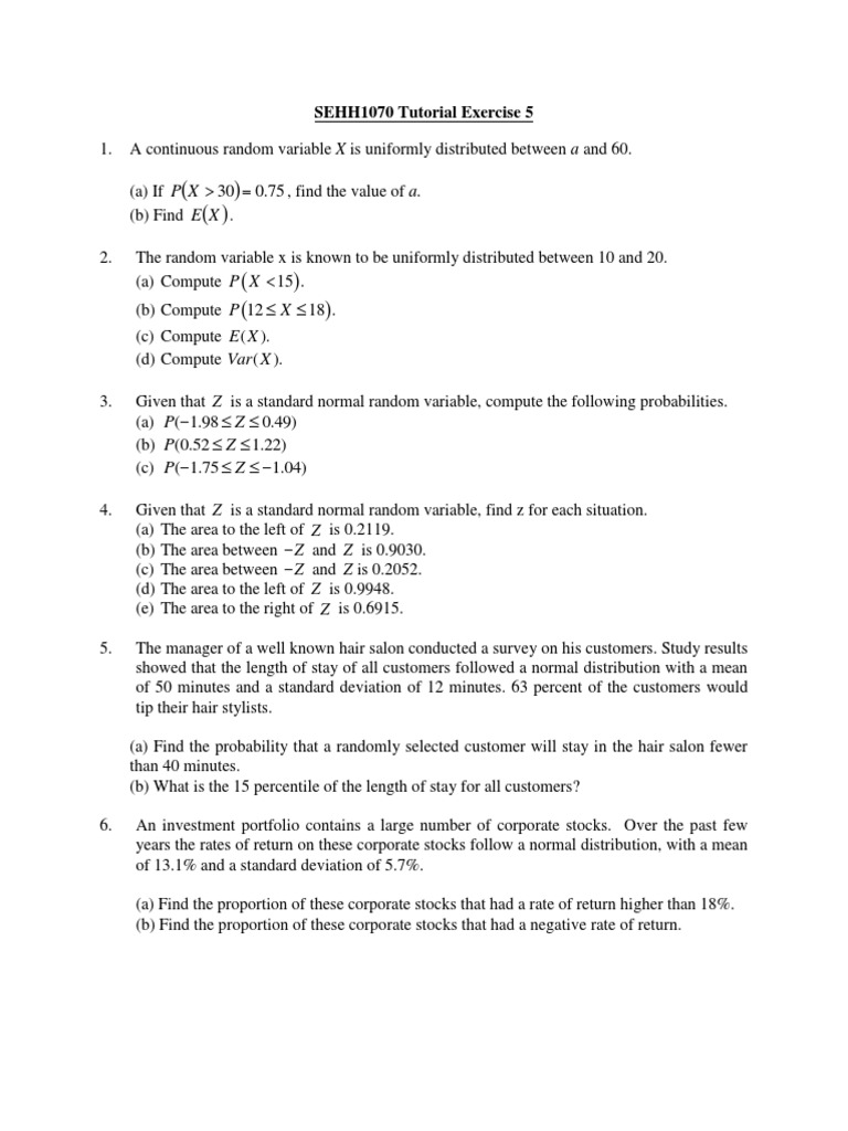 SEHH1070 Tutorial Exercise 5 PDF | PDF | Probability Distribution | Mean