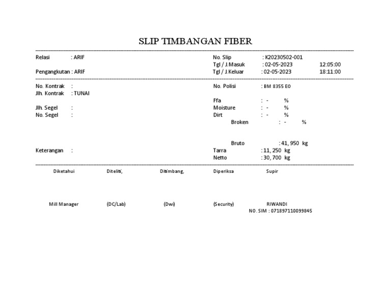 Nota Timbangan Sawit K20230502-001 | PDF