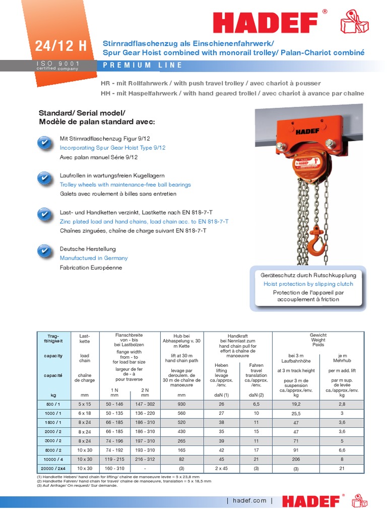 24 12 HADEF Data Sheet Spur Gear Hoist | PDF | Échecs | Théorie (échecs)