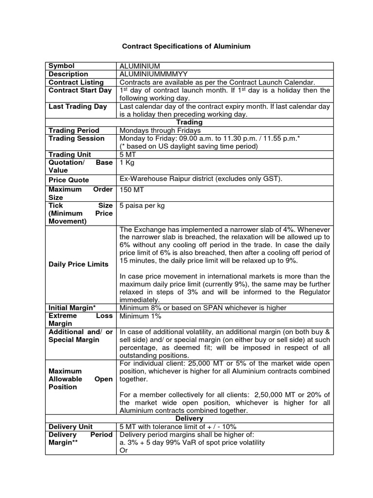 Aluminium Contract Specifications Guide | PDF | Taxes | Futures Contract