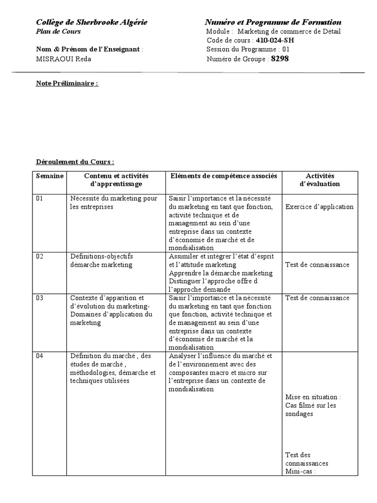 Plan de Cours 410-024-SH | PDF