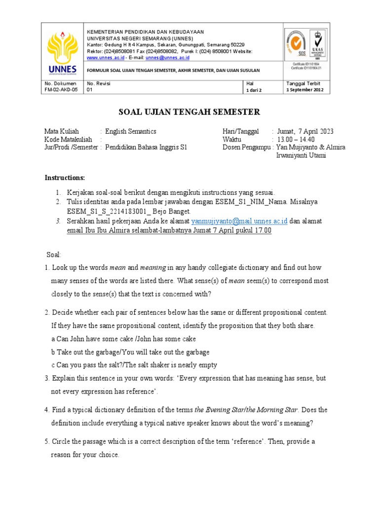 Soal Mid Semester Exam English Semantics 2023X_NC.pdf | PDF
