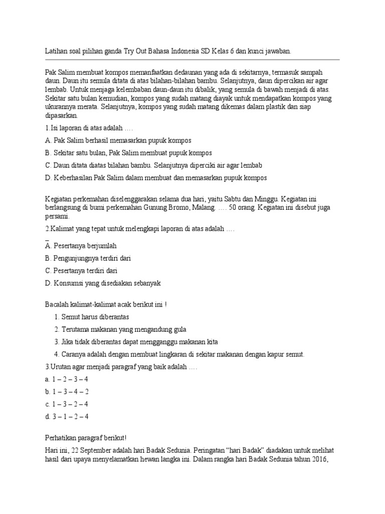Latihan Soal Pilihan Ganda Try Out Bahasa Indonesia SD Kelas 6 Dan Kunci Jawaban | PDF