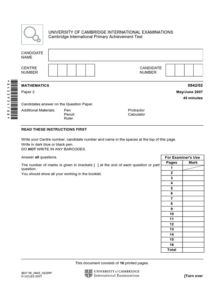 Primary Checkpoint - Math (0842) June 2007 Paper 2 PDF | PDF
