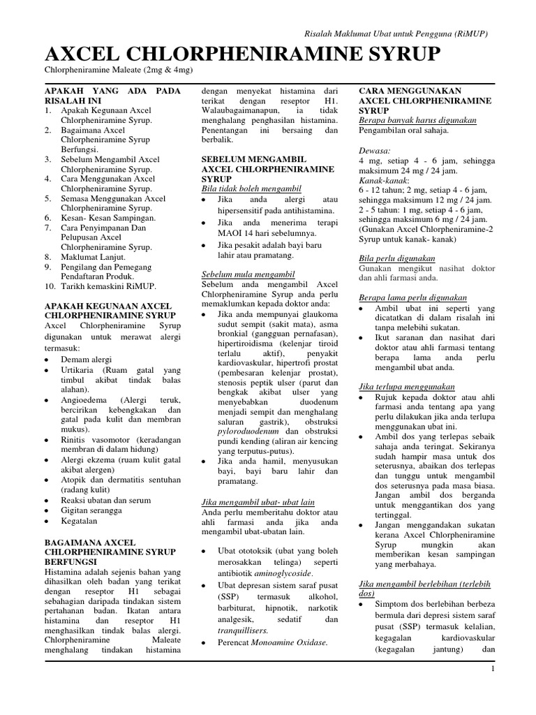 Axcel Chlorpheniramine Syrup 2,4mg (Chlorpheniramine) Kotra Pharma (M) Sdn. Bhd. 2oct2014 BM PDF ...