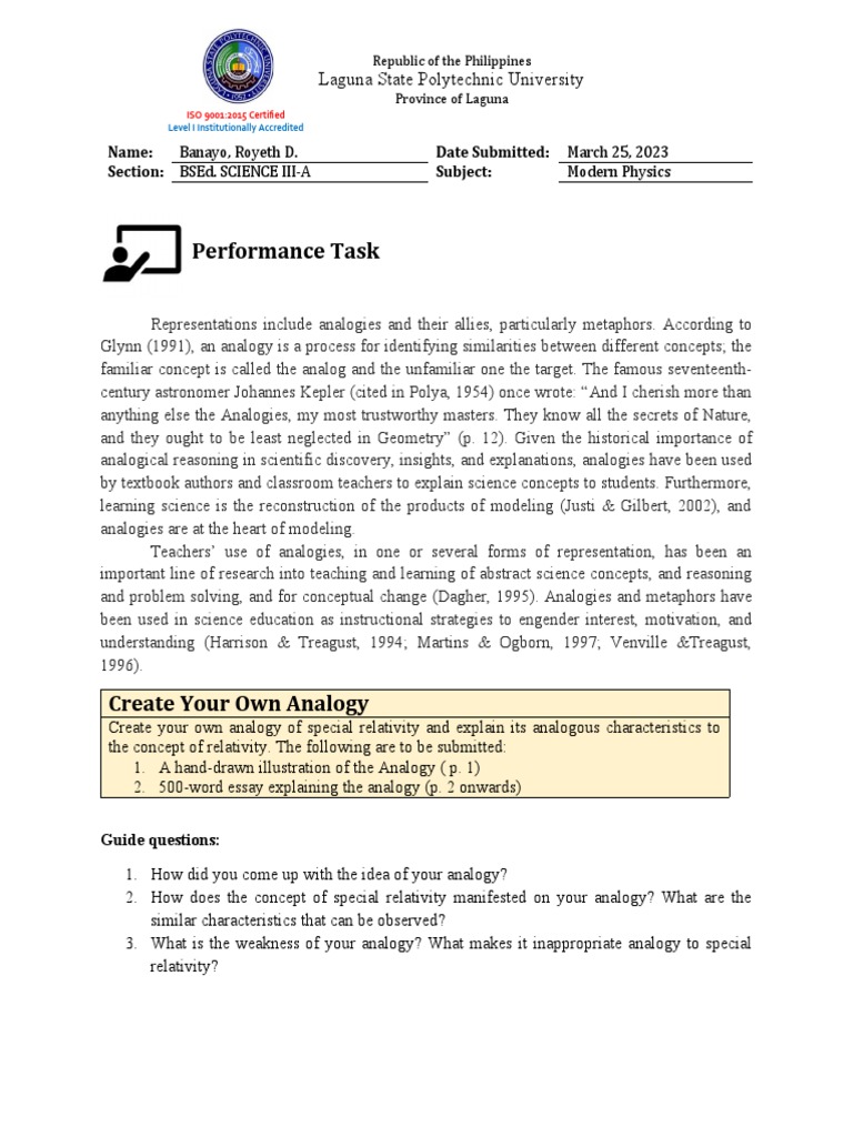 Banayo, R. - Perfromance Task 1 - Modern Physics | PDF | Special Relativity | General Relativity