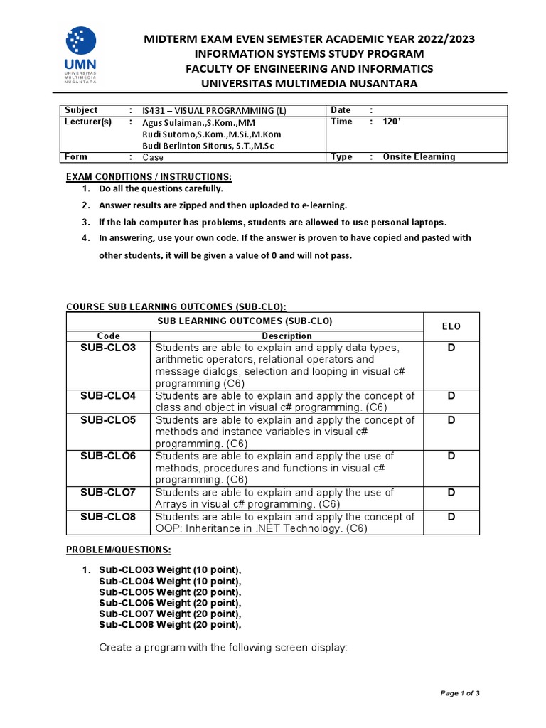 onsite-IS431L-Visual Programming (Lab) - MidTest - Even - 2022-2023 PDF ...
