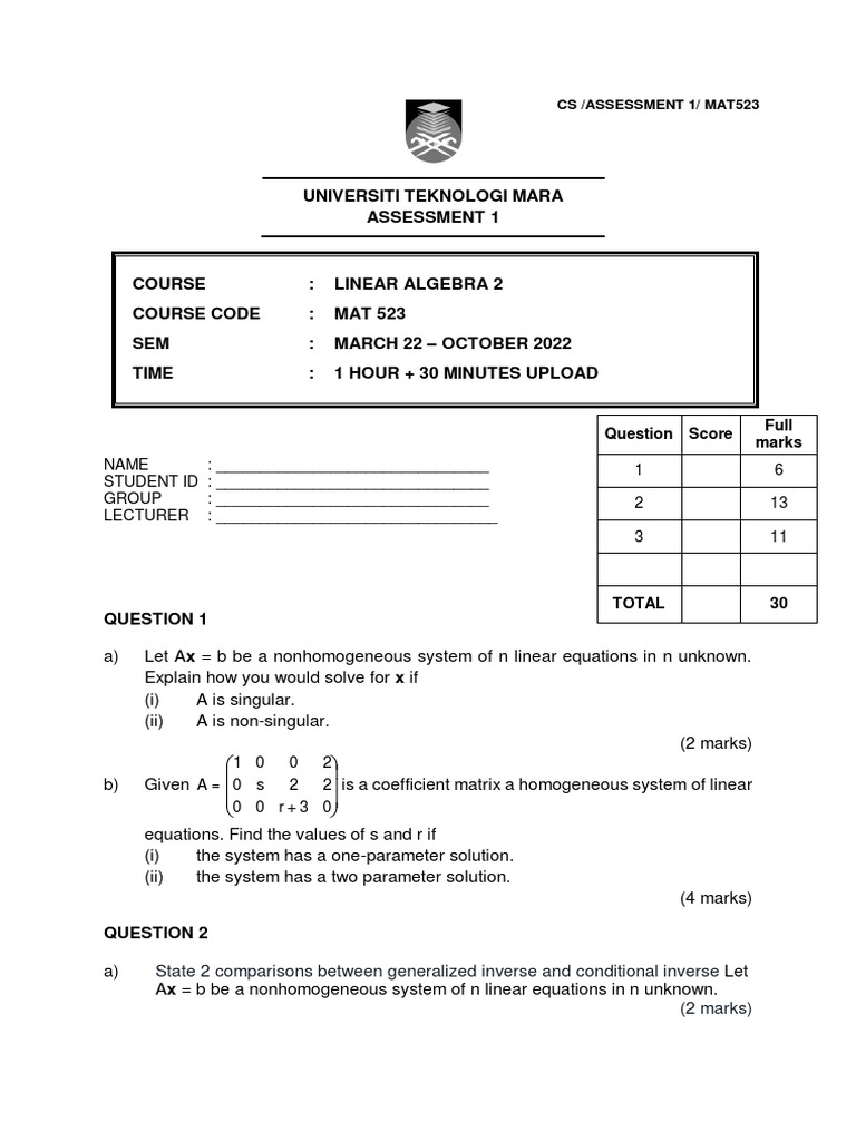 MAT523 Assessment 1: Linear Algebra | PDF