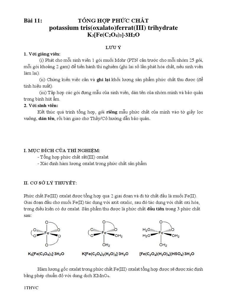 Bai 11. Tong Hop Phuc Chat Potassium Tris (Oxalato) Ferrate (III) Trihyrate PDF | PDF