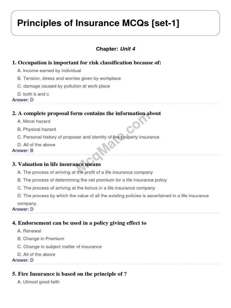 Principles of Insurance (Chapter- Unit 4) Solved MCQs [set-1] McqMate.com | PDF