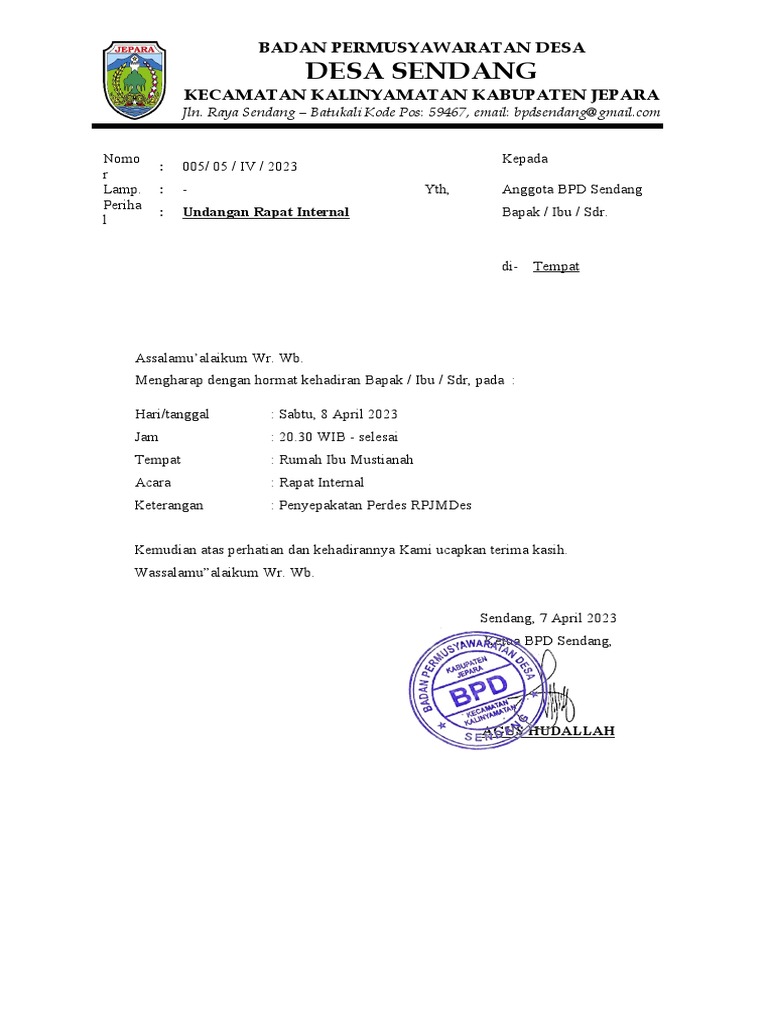 Undangan Rapat Internal BPD Sendang | PDF