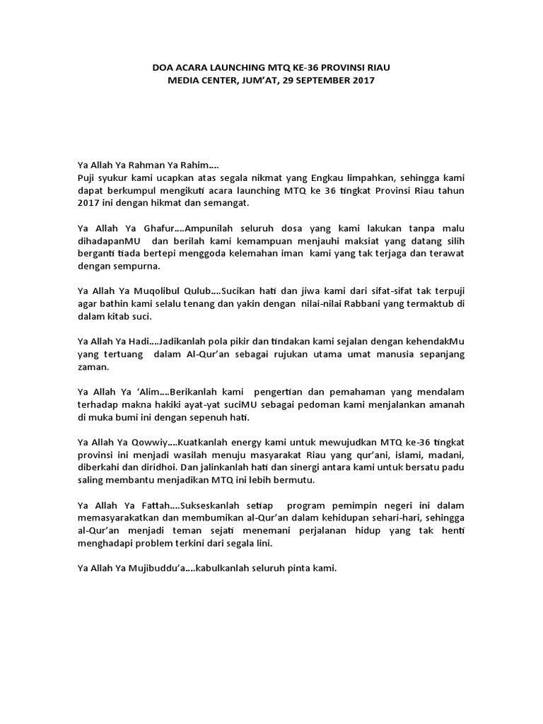 Doa Acara MTQ Riau 2017 | PDF