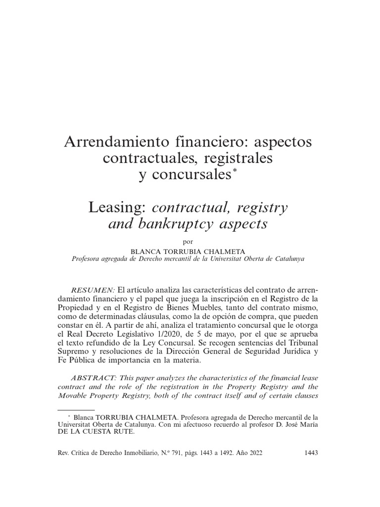 Arrendamiento Financiero Aspectos Contractuales, Registrales y Concursales PDF | PDF | Derecho