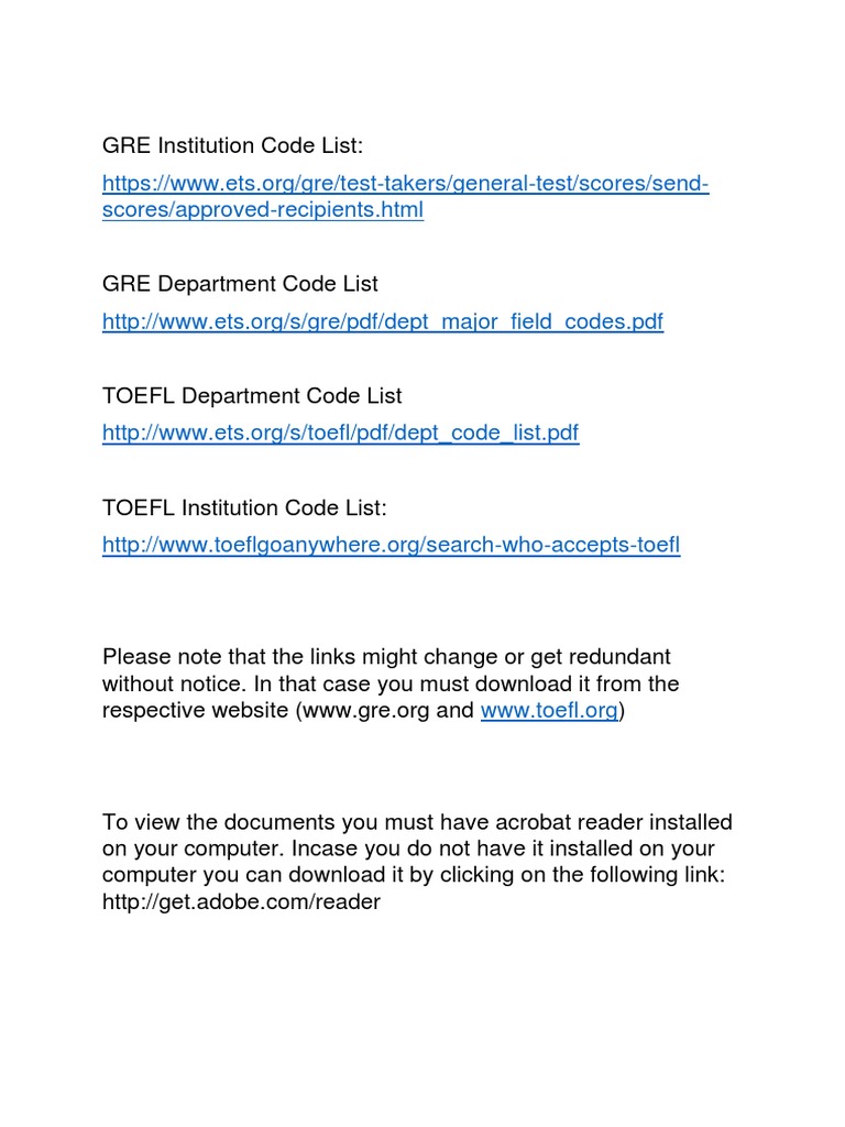 GRE & TOEFL Institution, Dept Code List Link PDF | PDF | Computers ...