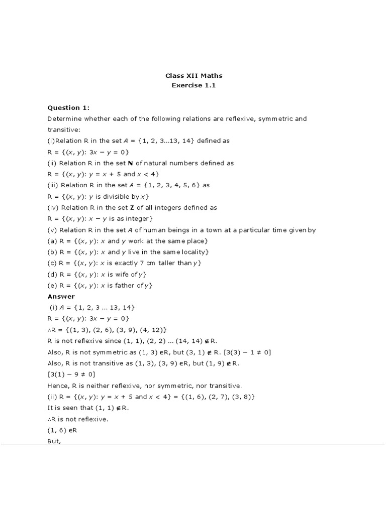 NCERT Solutions Class 12 Maths Chapter 1 Relations and Functions PDF | PDF | Function ...