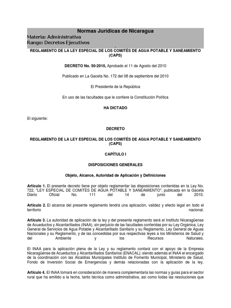 Decreto 50-2010 Reglamento de La Ley Especial de Los Comités de Agua ... Decreto 50-2010 Reglamento de La Ley Especial de Los Comités de Agua ...