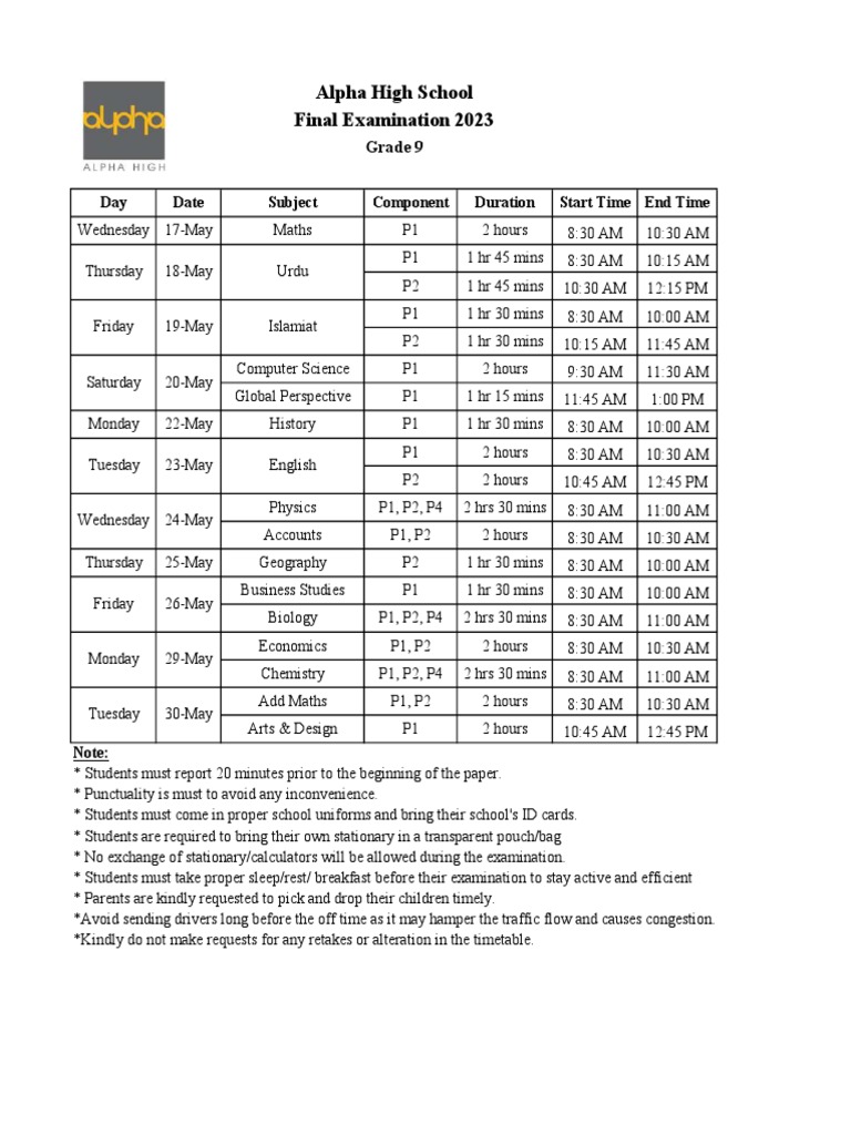 Grade 9 Final Exam Timetable PDF | PDF