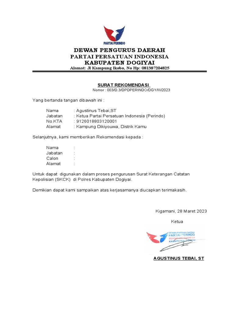 Surat Rekomendasi DPD Perindo 3 | PDF Surat Rekomendasi DPD Perindo 3 | PDF