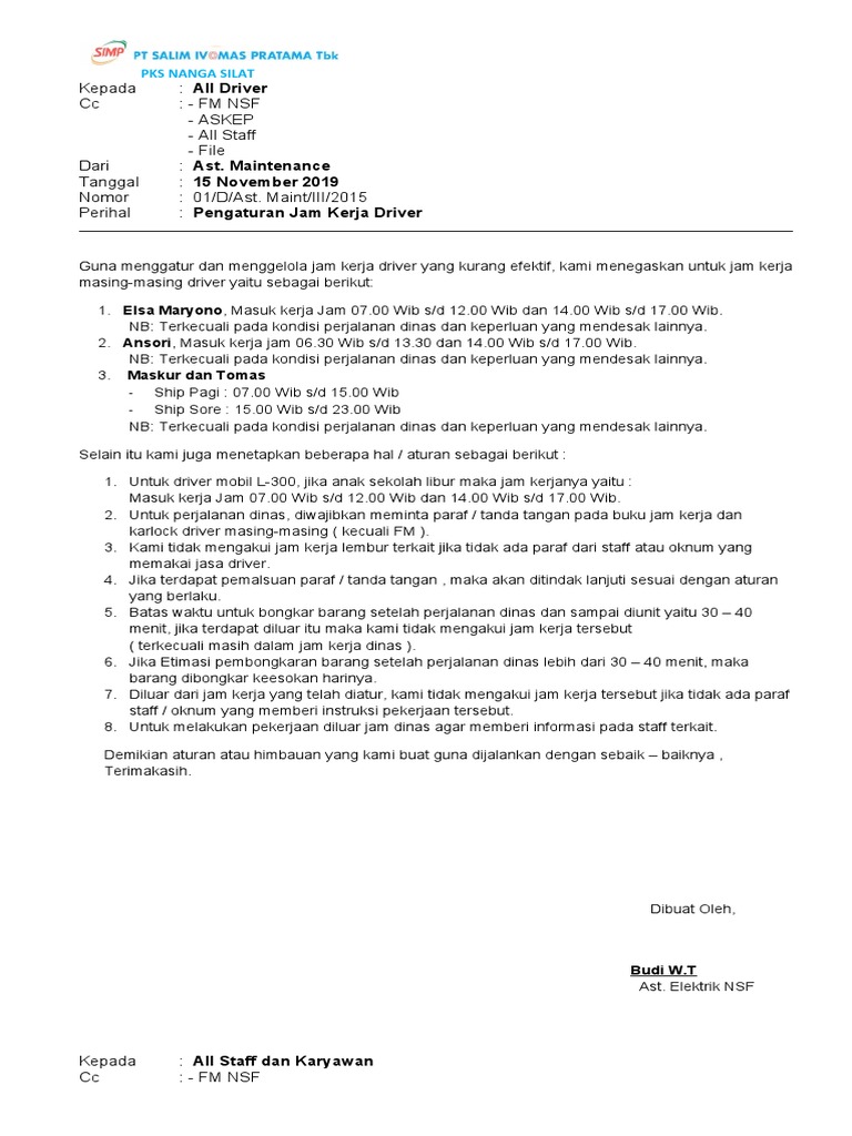 Surat Pengaturan Jam Kerja Driver | PDF