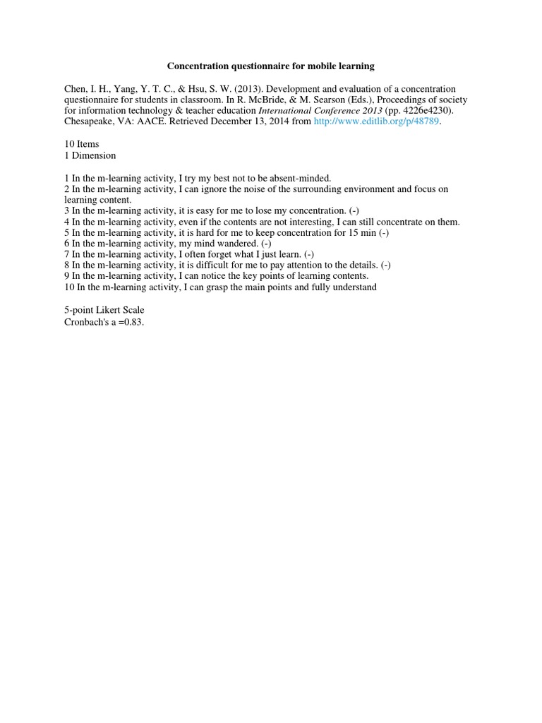 Concentration Questionnaire For Mobile Learning PDF | PDF