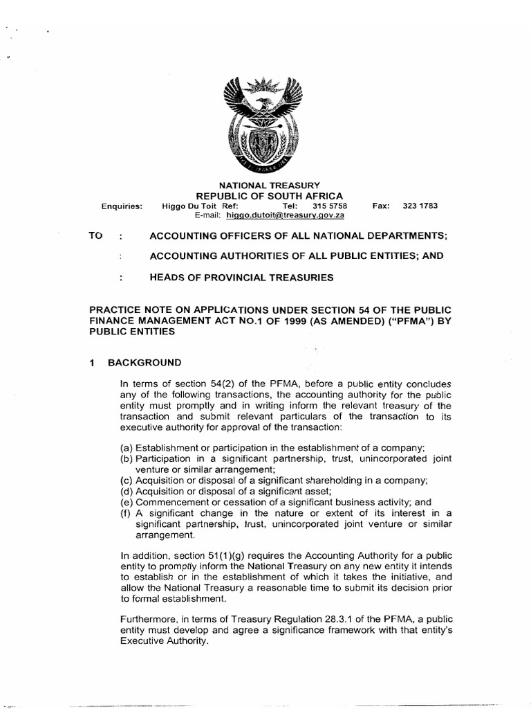 Practice Note On Applications Under Section 54 of The PFMA by Public Entities PDF | PDF