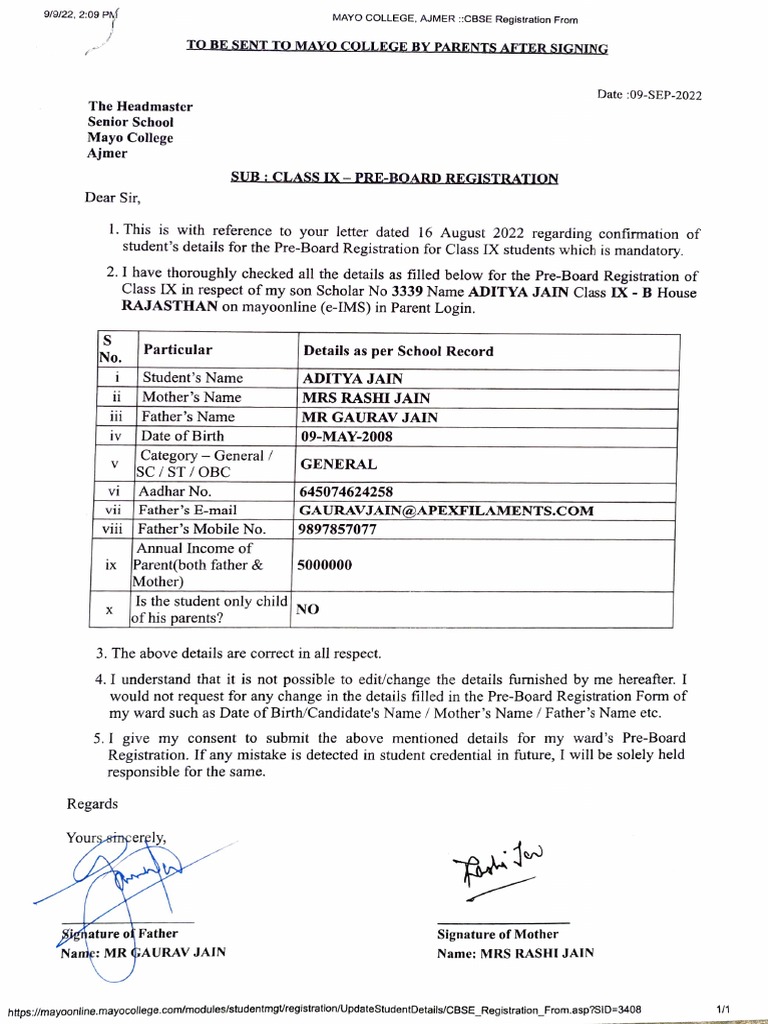 Class IX Pre-Board Registration Form | PDF | Childhood