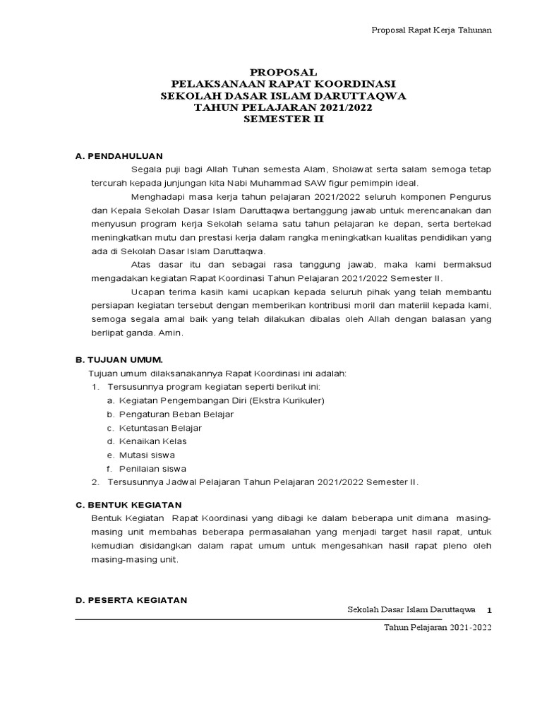 Proposal Raker Semester 2 Tahun Pelajaran 2021-2022 | PDF
