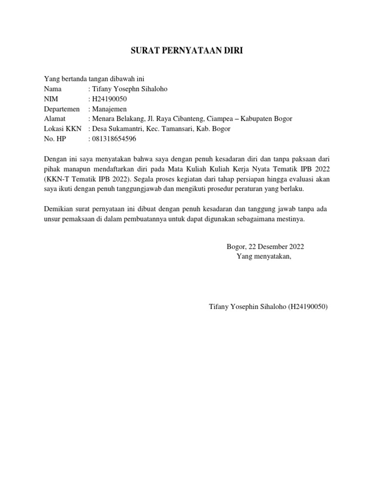 Surat Pernyataan KKN-T IPB 2022 | PDF