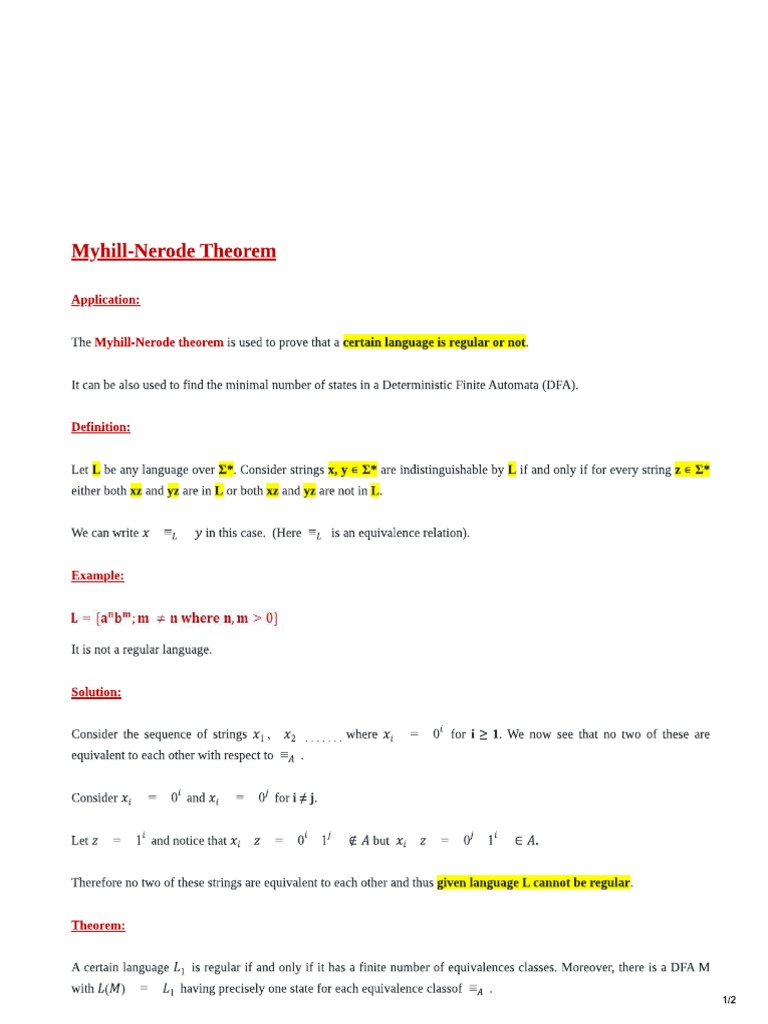 Myhill-Nerode Theorem | PDF