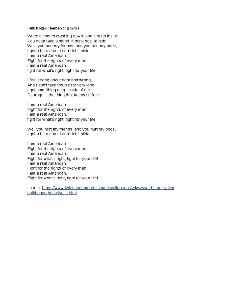 Hulk Hogan Theme Song Lyrics | PDF