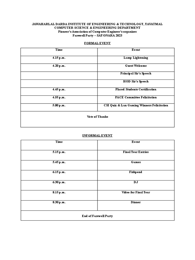 Sayonara 2023 Farewell Party Agenda | PDF