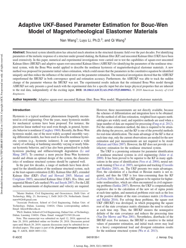 Adaptive UKF-based Parameter Estimation For Bouc-Wen Model of Magnetorheological Elastomer ...