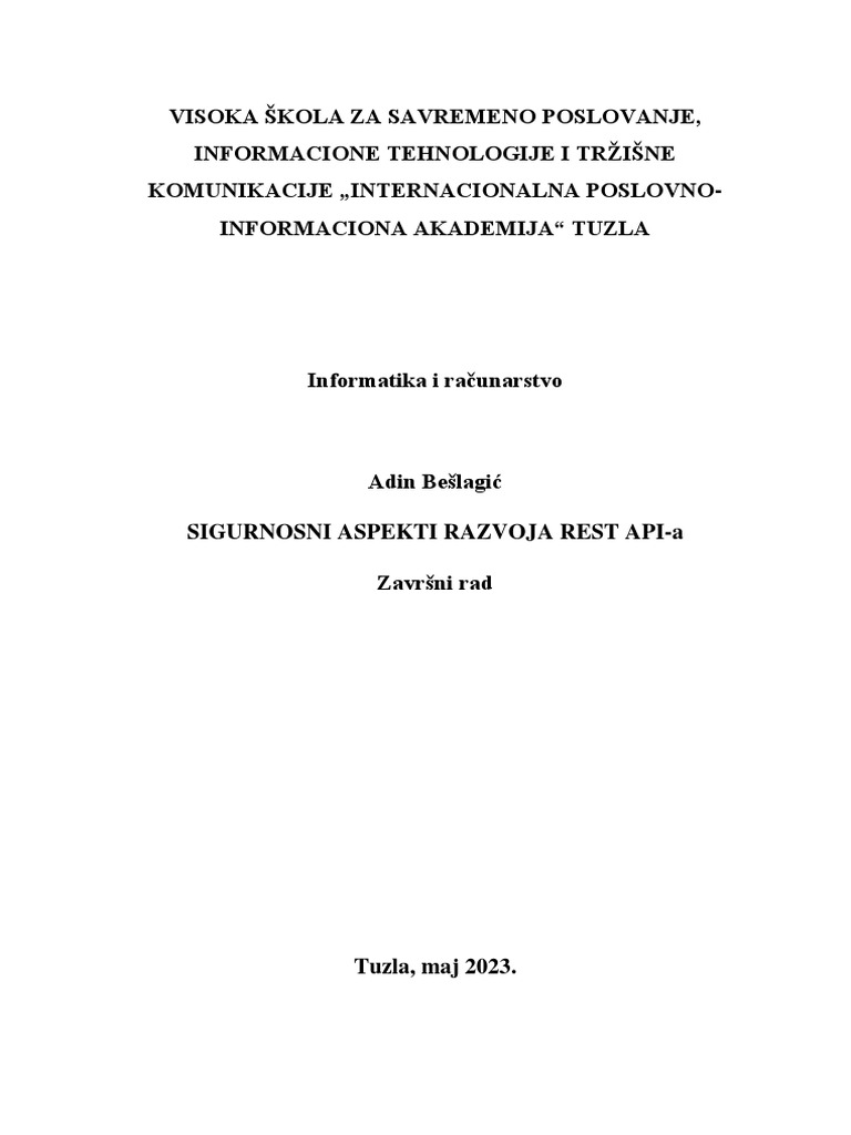 Sigurnosni Aspekti Razvoja REST API-a - Adin Bešlagić | PDF
