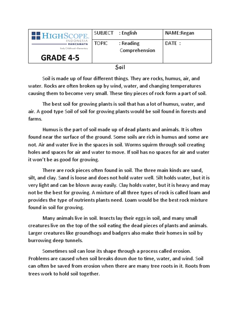 Soil Reading Comprehension Worksheet | PDF | Soil | Clay
